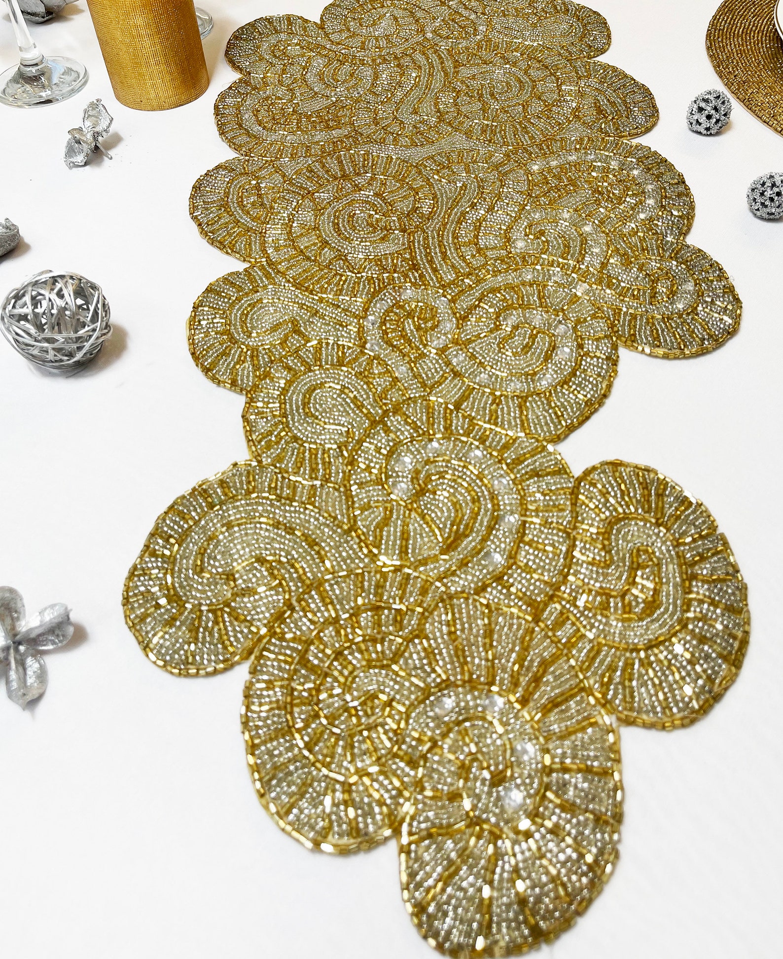 Handmade Table Runner Beaded Table Runner Gold White Runner | Etsy