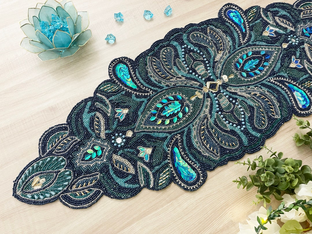 Handmade Table Runner, Luxury Beaded Runner, Blue Centerpiece ...