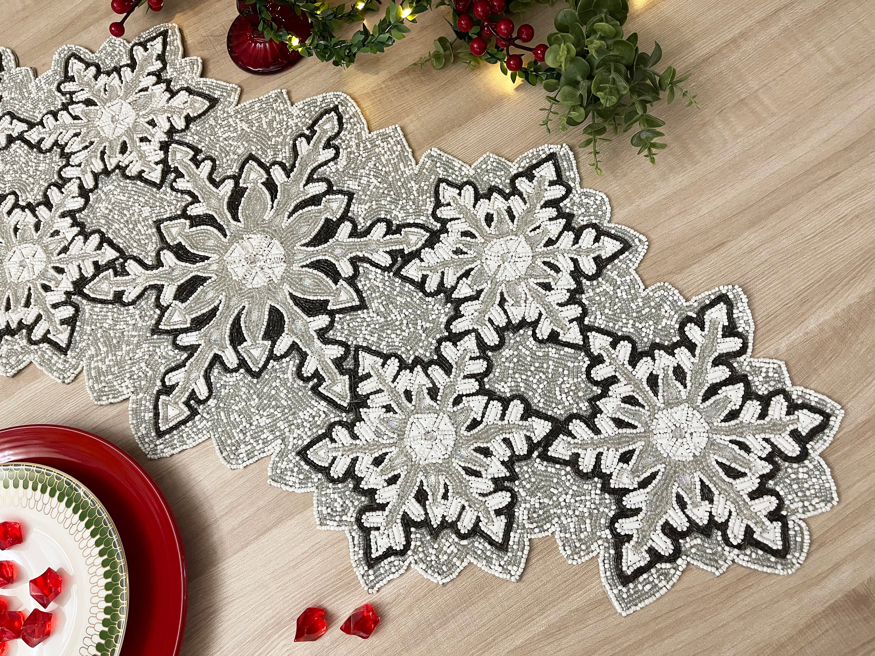 Handmade Bead Table Runner, Christmas Beaded Runner, Snowflakes ...