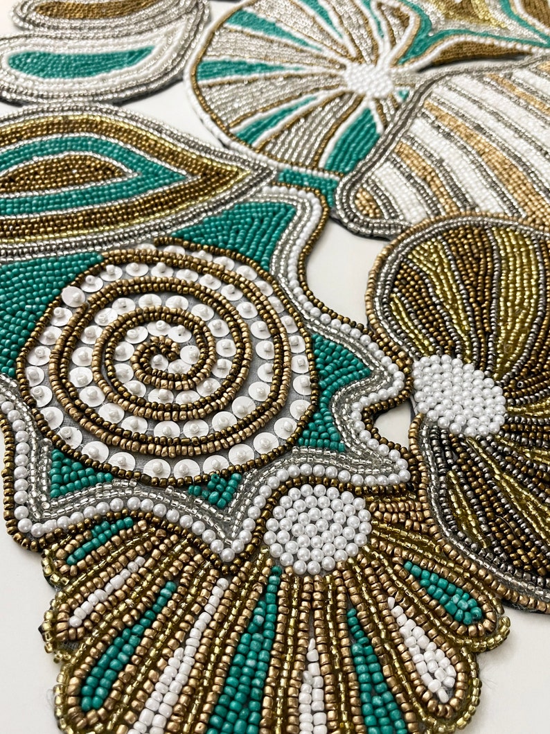 Handmade Table Runner, Teal Gold Seashell Beaded Centerpiece, 13x36inch ...