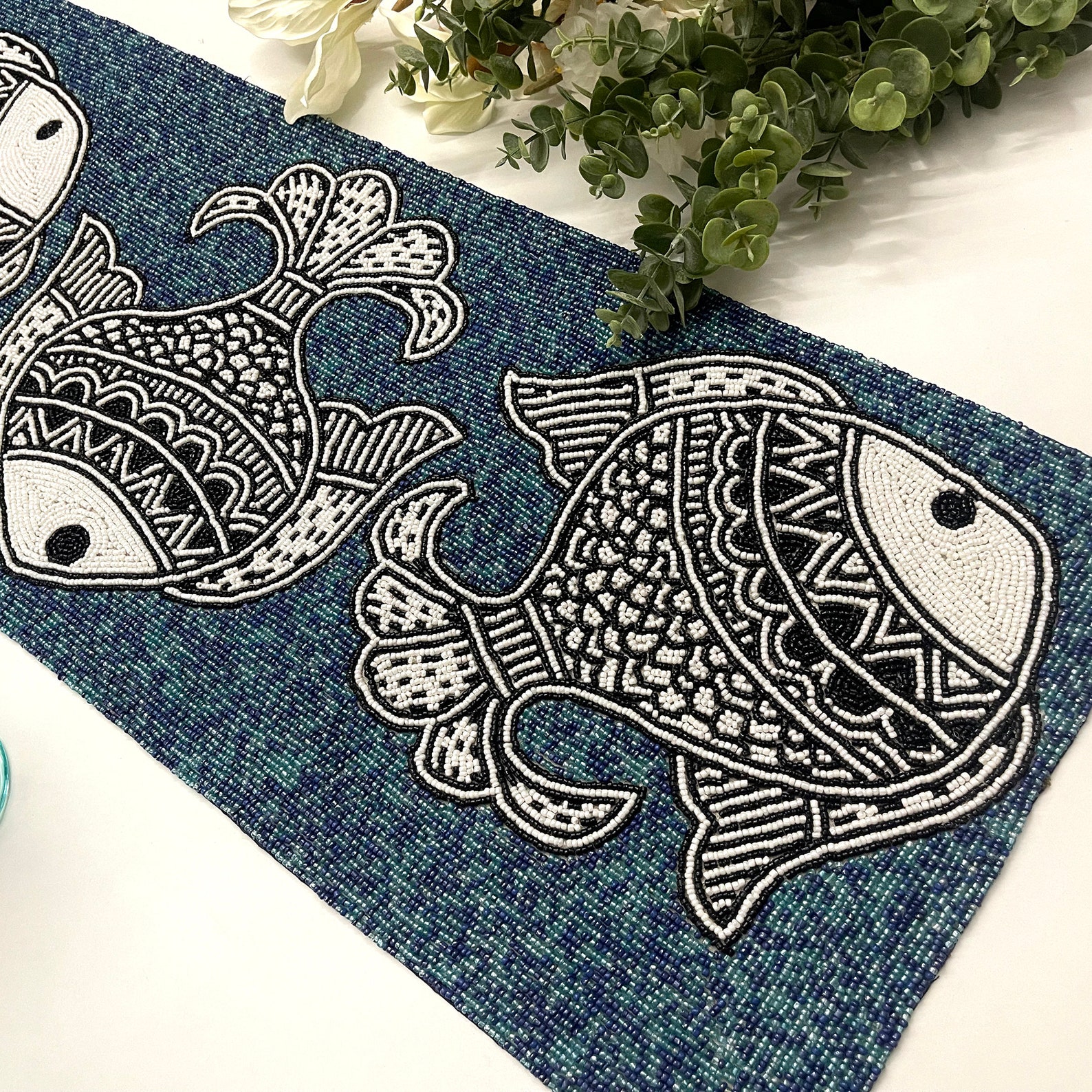 Handmade Bead Table Runner Coastal Fish Sea Designs Blue - Etsy