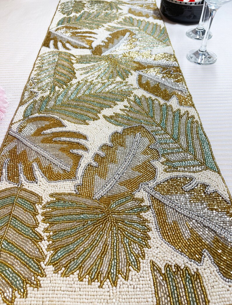 Handmade Table Runner Beaded Table Runner Leaf Pattern Multi | Etsy