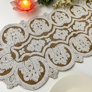 Handmade Beaded Table Runner, Pearl Bead on Burlap, Multicolor ...