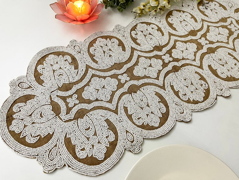 Handmade Beaded Table Runner, Pearl Bead on Burlap, Multicolor ...