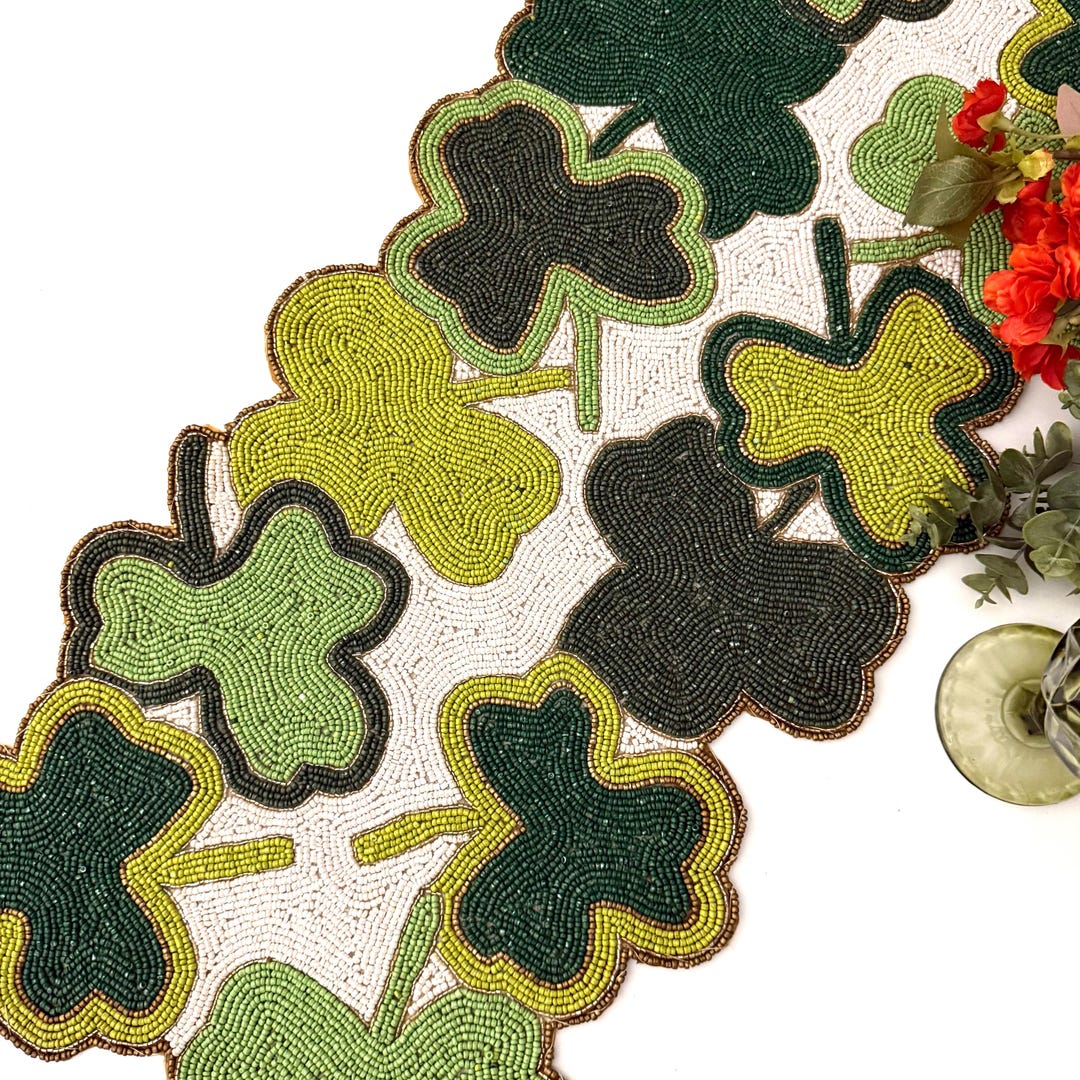 Handmade Table Runner, Clover Leaf, Shamrock Hand Beaded Runner, Green ...