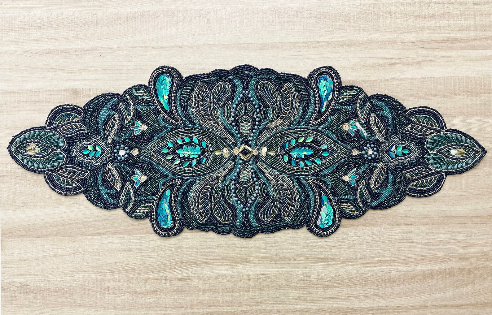 Handmade Table Runner, Luxury Beaded Runner, Blue Centerpiece ...