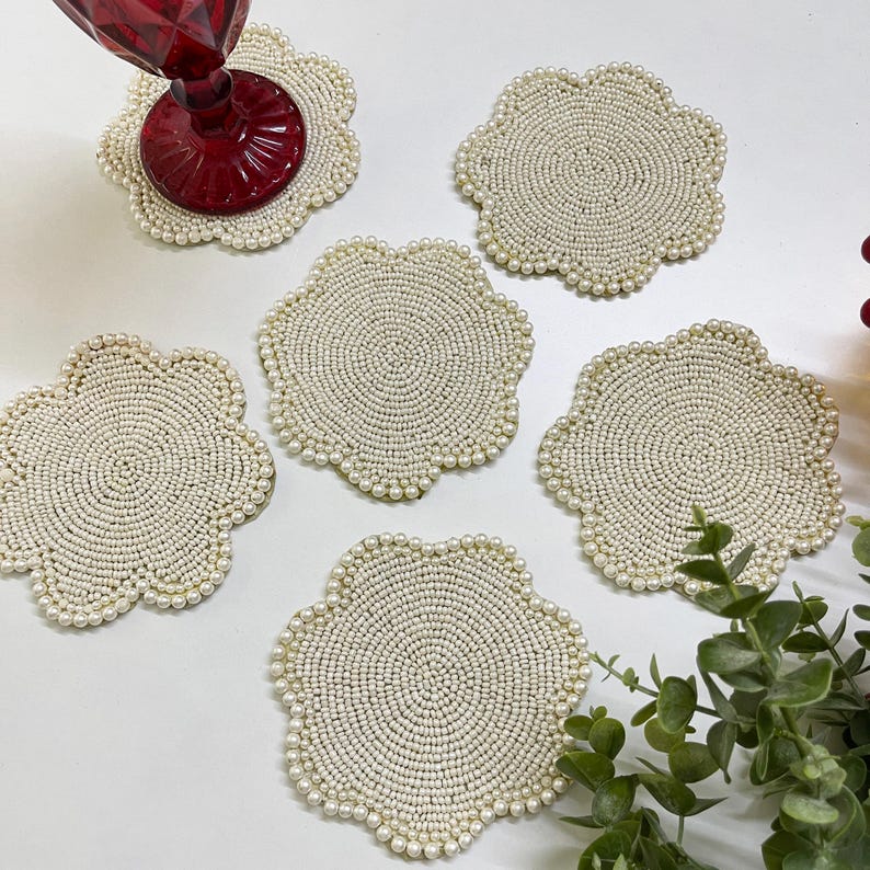 Handmade Beaded Coasters - Scalloped Light Cream Drink Coasters, Set of ...
