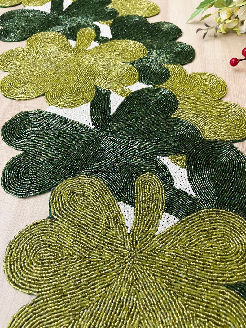 Handmade Table Runner, Clover Leaf / Shamrock Hand Beaded Runner, Green ...