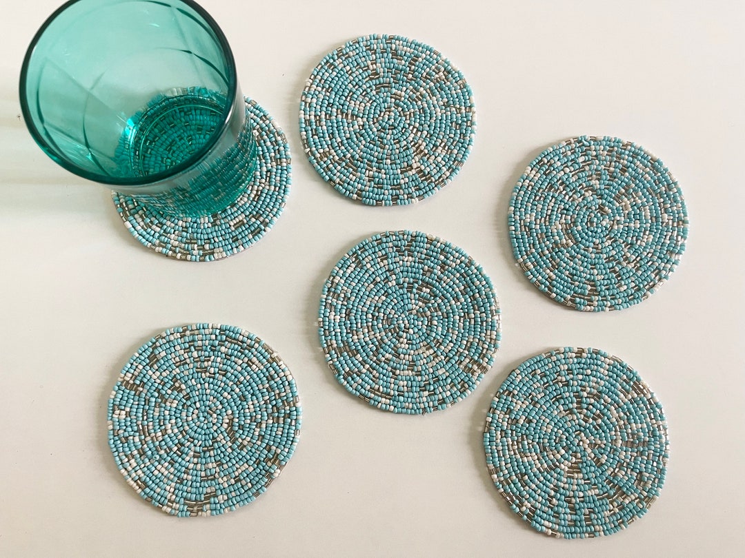 Handmade Beaded Coasters: Blue, Silver, and White (set of 4/6) - Etsy
