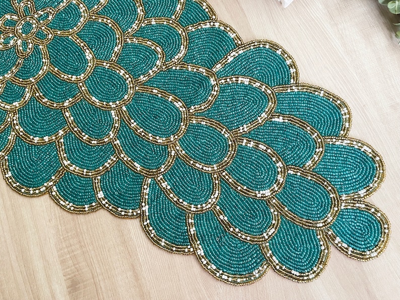 Handmade Bead Table Runner Peacock Floral Beaded Runner / | Etsy