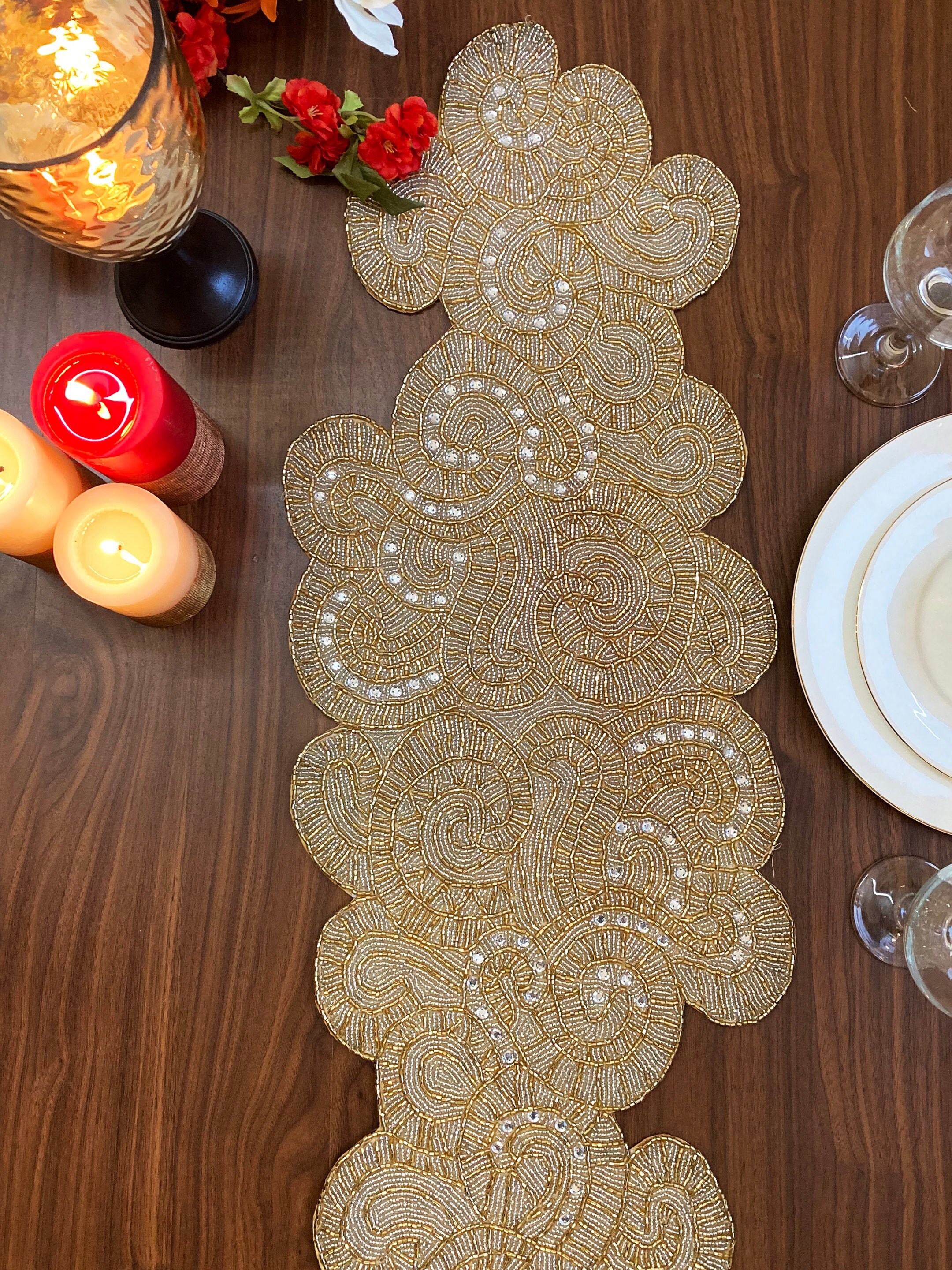 Handmade table runner beaded table runner gold white runner | Etsy