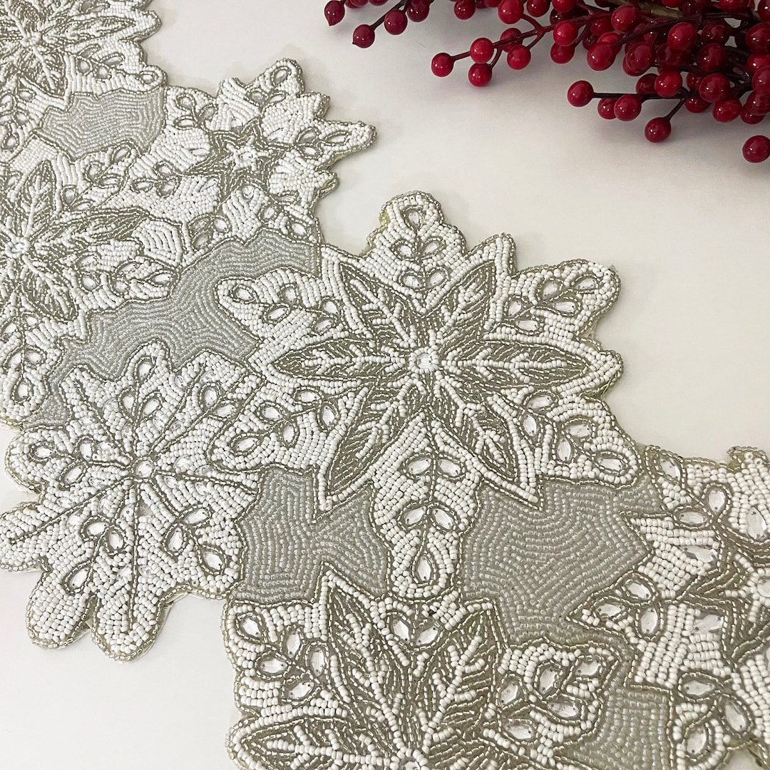 Handmade Bead Table Runner, Christmas Beaded Runner, White Snowflakes ...
