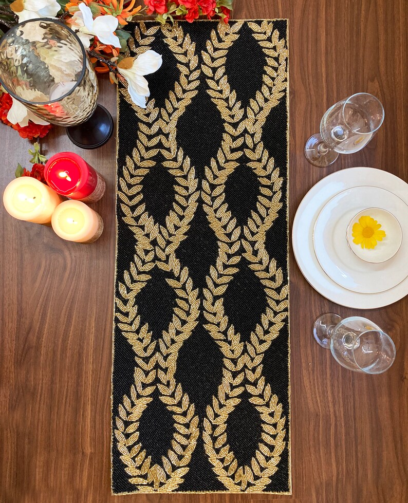 Handmade Table Runner Gold on Black Hand Beaded Runner - Etsy