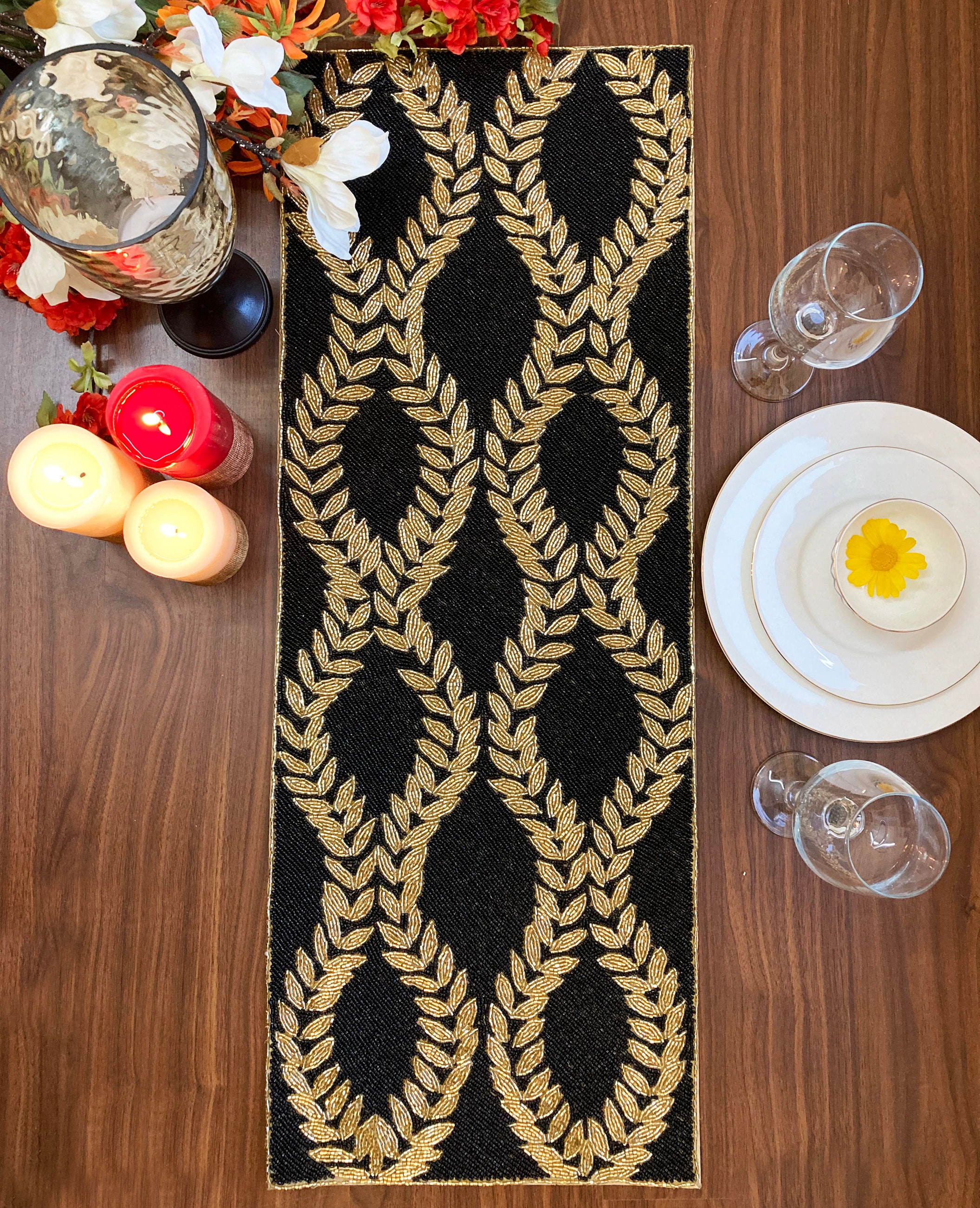 Handmade Table Runner Gold on Black Hand Beaded Runner - Etsy