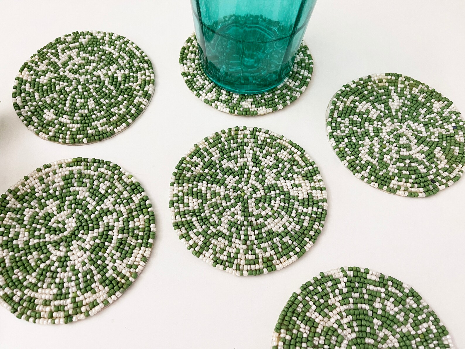 Coasters Set of 4/6 Drink Coasters Green and White Beaded - Etsy