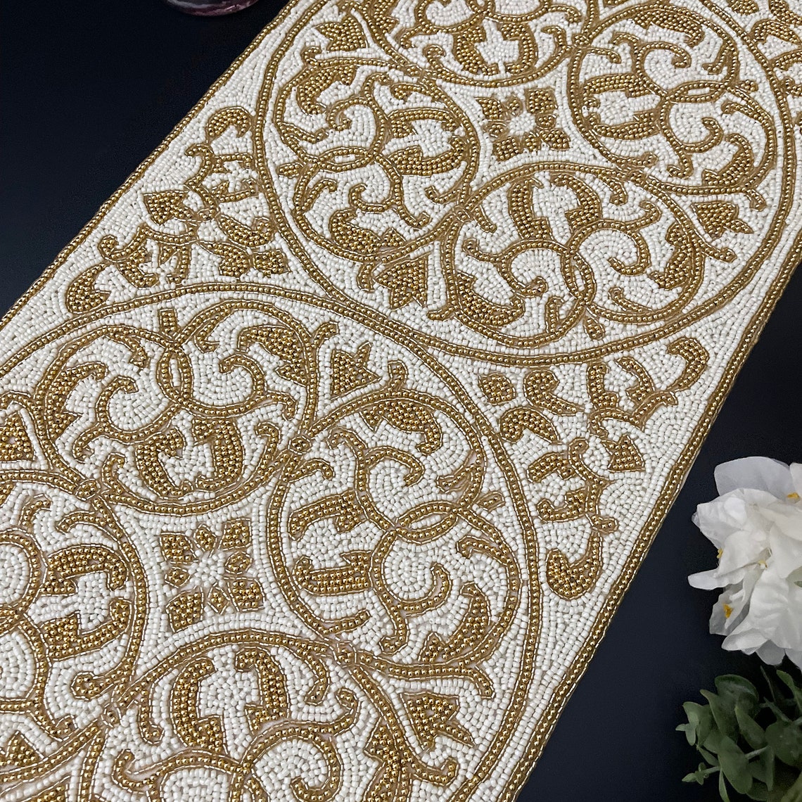 Handmade Bead Table Runner, Geometrical Design, Light Cream and Gold ...