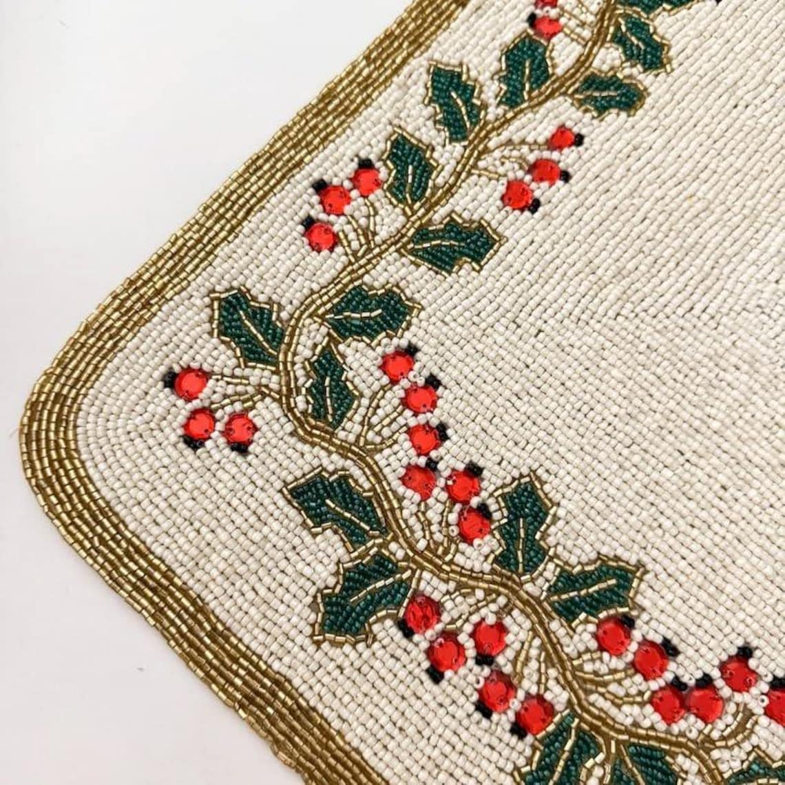 Handmade Christmas Table Runner, Holly Berry Beaded Runner, 13x36inch ...