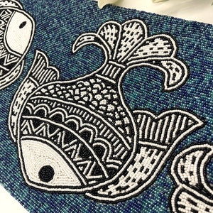 Handmade Bead Table Runner, Coastal, Fish, Sea Designs, Blue, Black and ...