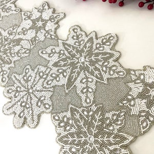 Handmade Bead Table Runner, Christmas Beaded Runner, White Snowflakes ...