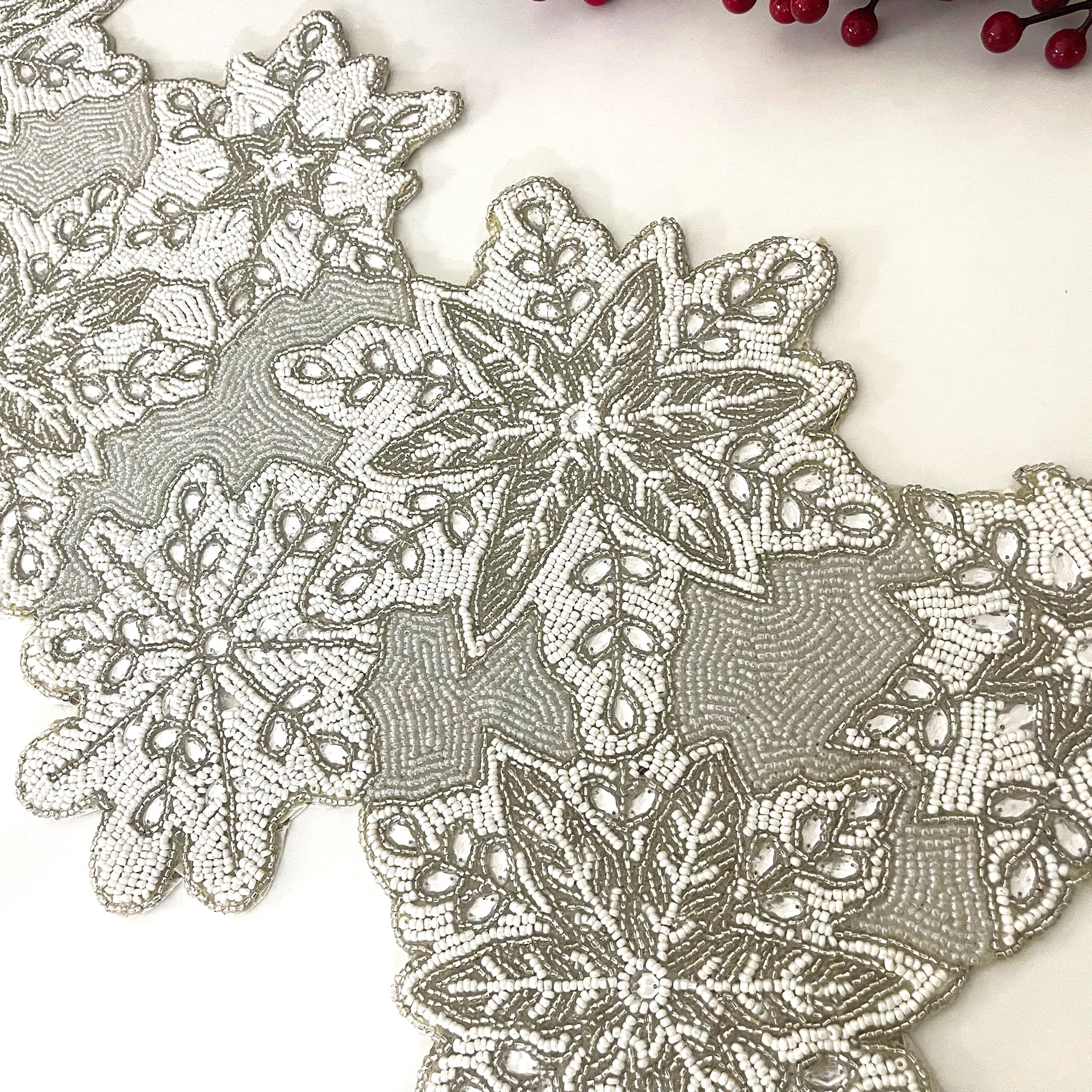 Handmade Bead Table Runner, Christmas Beaded Runner, White Snowflakes ...