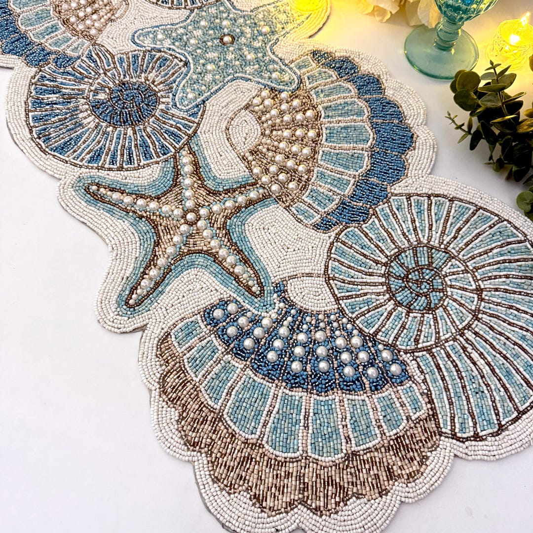 Handmade Table Runner, Beaded Table Runner, Coral and Sea Shells Design ...