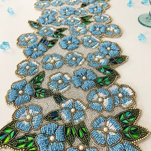 Handmade Beaded Spring Table Runner, Blue Flowers Bed, 12.5x35inch - Etsy