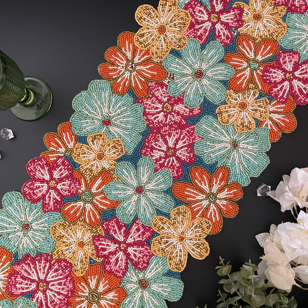 Handmade Bead Table Runner, Multicolour Floral Beaded Runner, 13x36inch ...