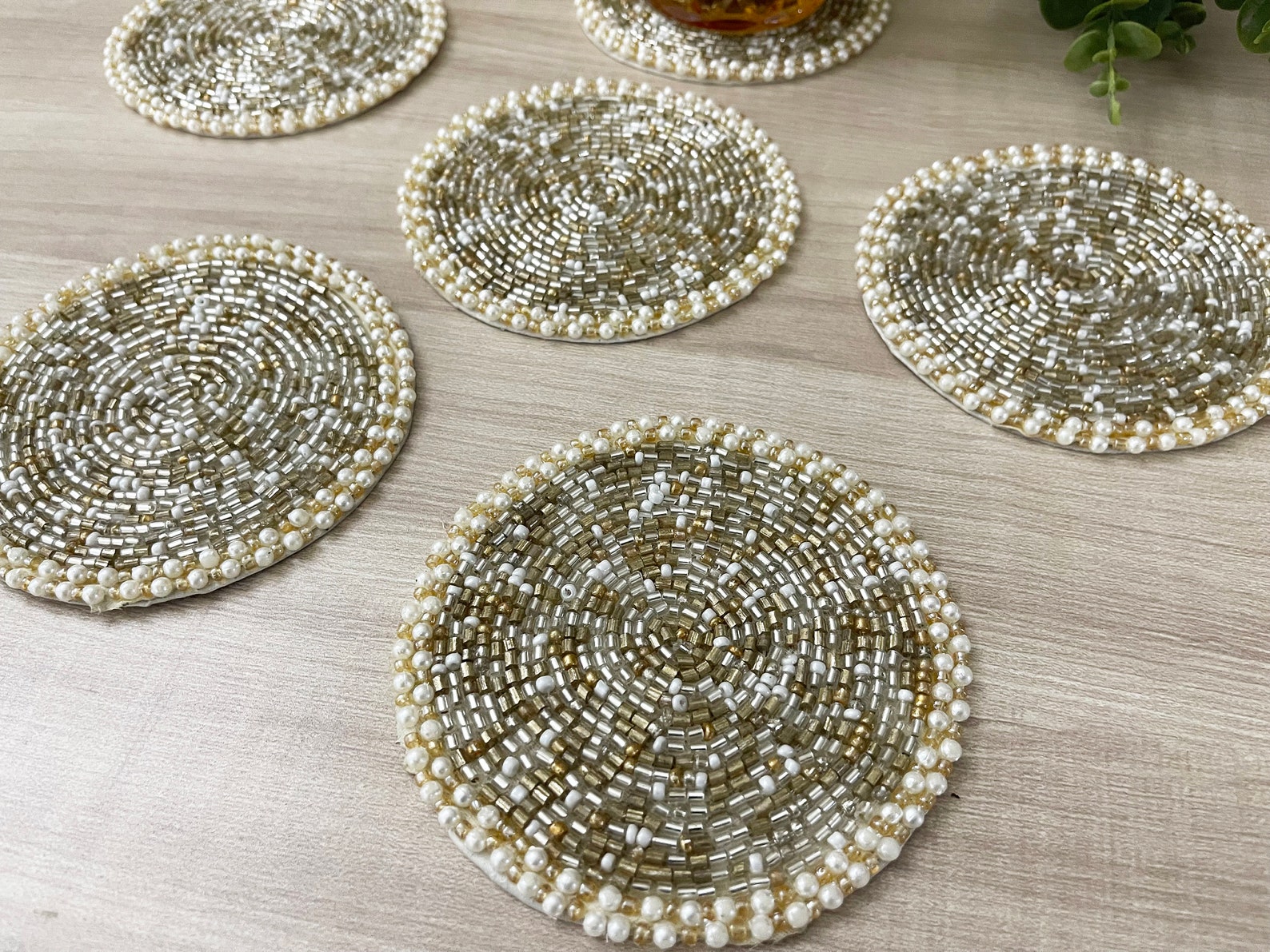 Beaded Coasters Set of 6: Gold, Silver & White Drink Coasters - Etsy