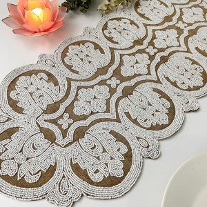 Handmade Beaded Table Runner, Pearl Bead on Burlap, Multicolor ...