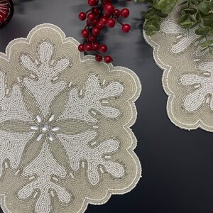 Christmas Beaded Placemat, Handmade, Silver and White, 14inch - Etsy