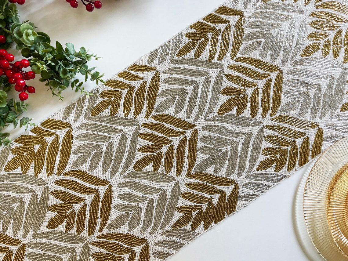 Handmade Table Runner Gold and Silver on White Hand Beaded | Etsy