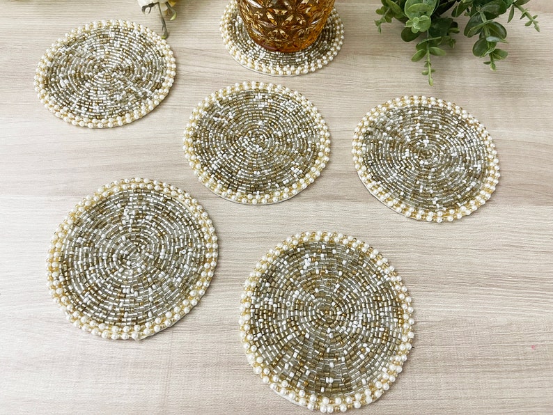 Beaded Coasters Set of 6: Gold, Silver & White Drink Coasters - Etsy