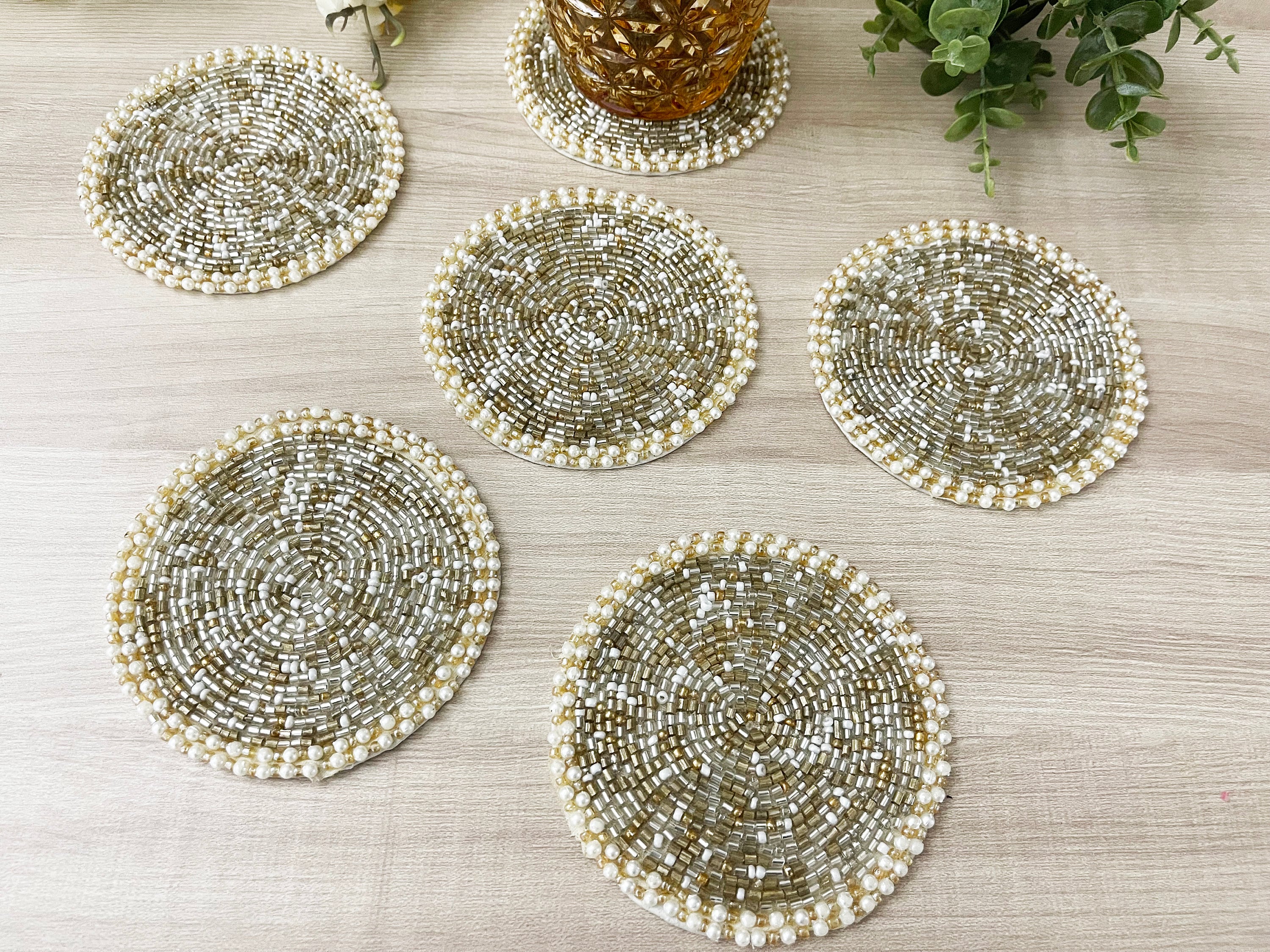 Beaded Coasters Set of 6: Gold, Silver & White Drink Coasters - Etsy