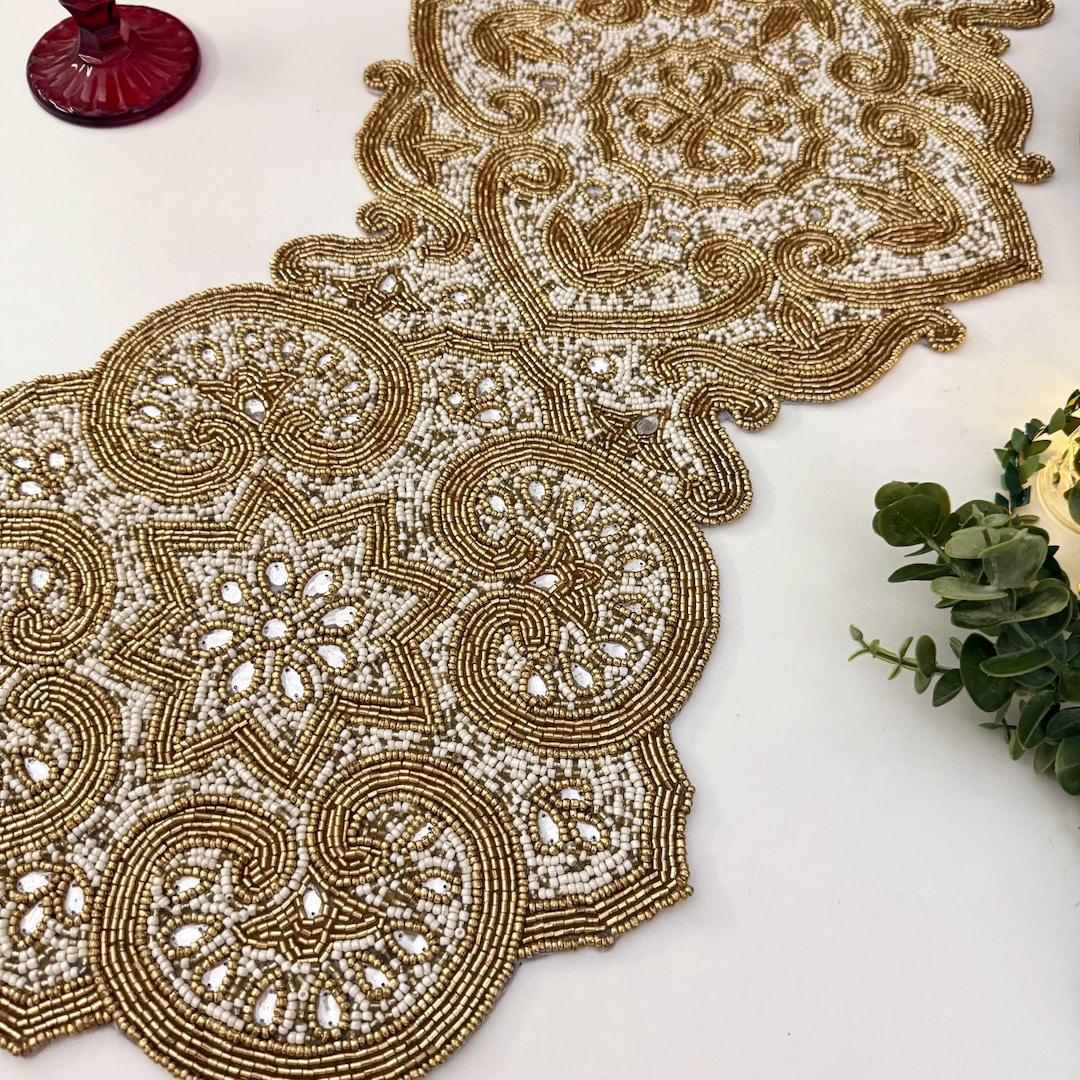 Handmade Table Runner, White Gold Beaded Runner, 13x36inch - Etsy