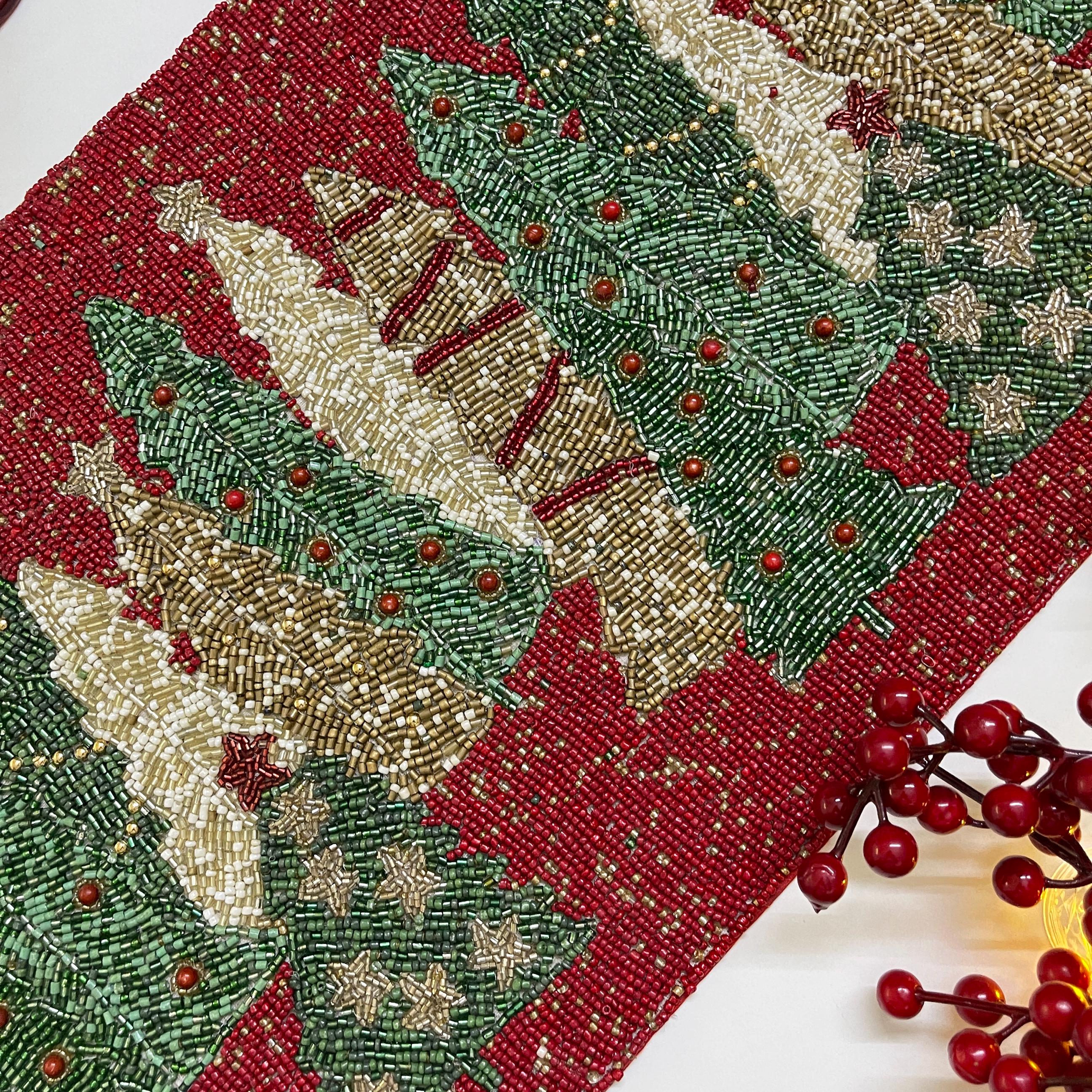 Handmade Christmas Tree Table Runner, Beaded Runner, Red, Green and ...