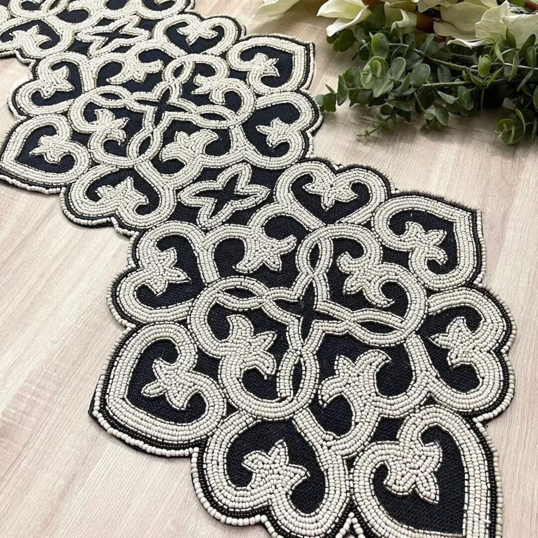 Handmade Table Runner, Beaded Runner, Black Burlap Base and White Bead ...