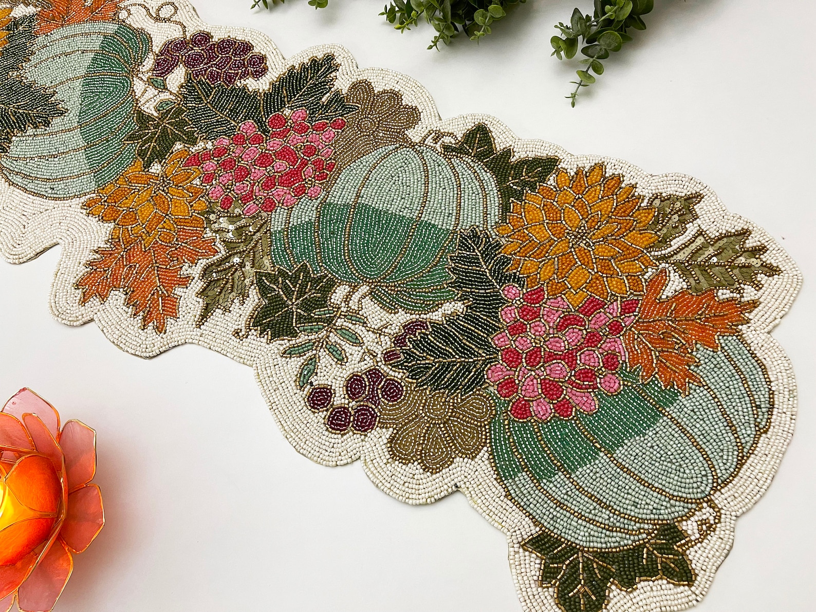 Handmade Bead Table Runner, Multicolour Pumpkin and Flower Fall Runner ...