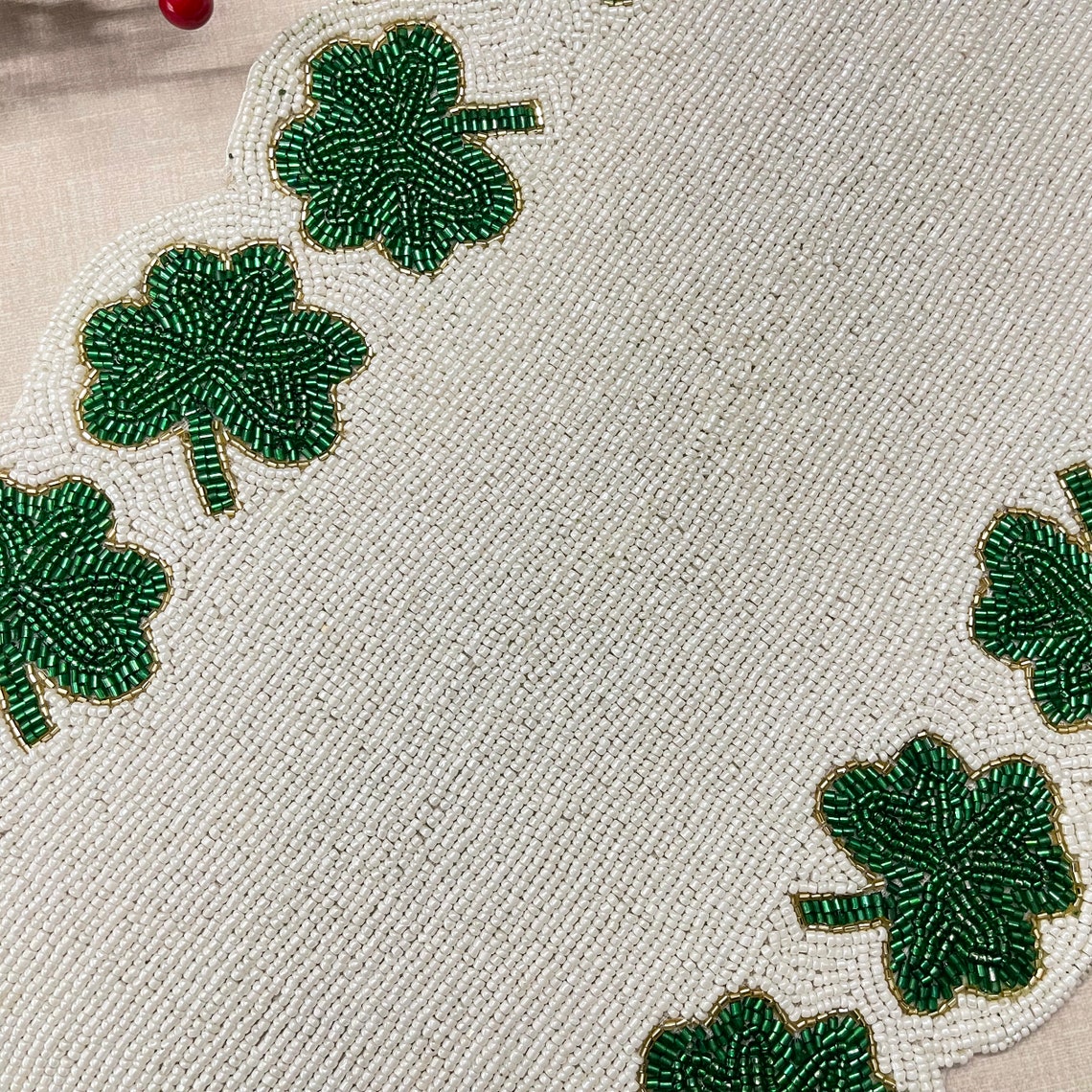 Handmade Table Runner, Clover Leaf / Shamrock Hand Beaded Runner, Green ...