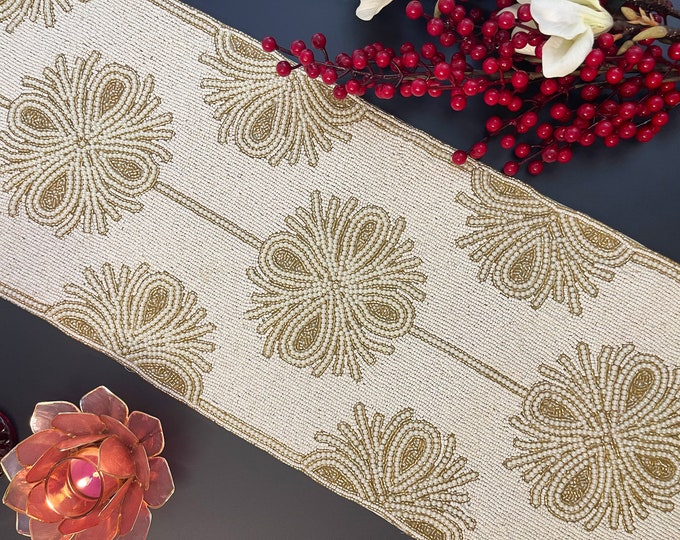 Handmade Bead Table Runner, White and Gold Floral, Luxury Beaded Mat ...