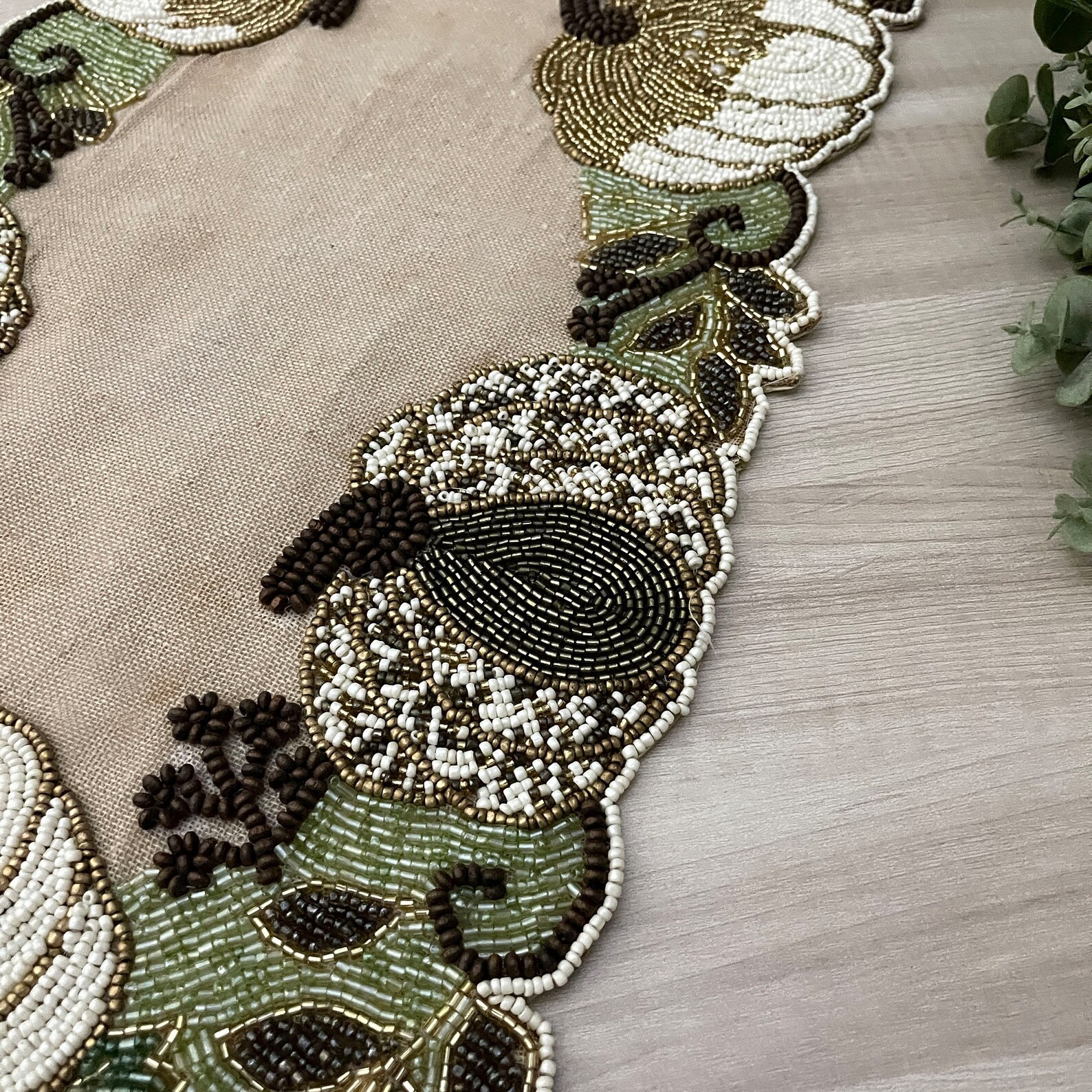 Handmade Bead Table Runner on Burlap, Pumpkin Multicolour Fall Runner ...