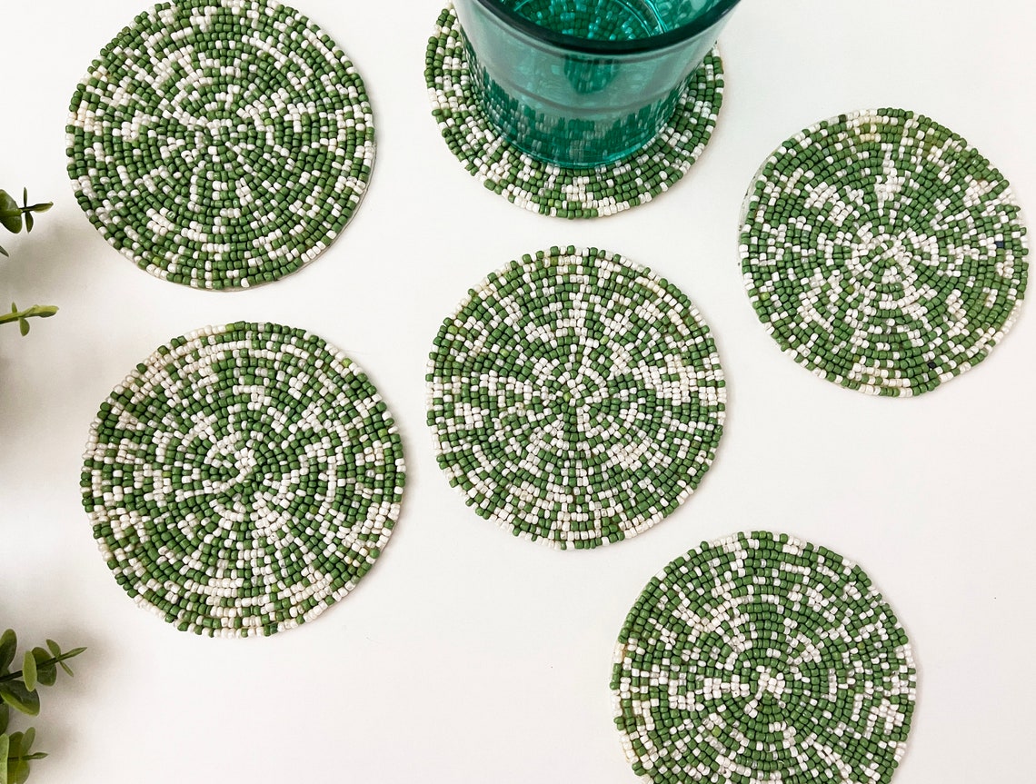 Coasters Set of 4/6 Drink Coasters Green and White Beaded - Etsy