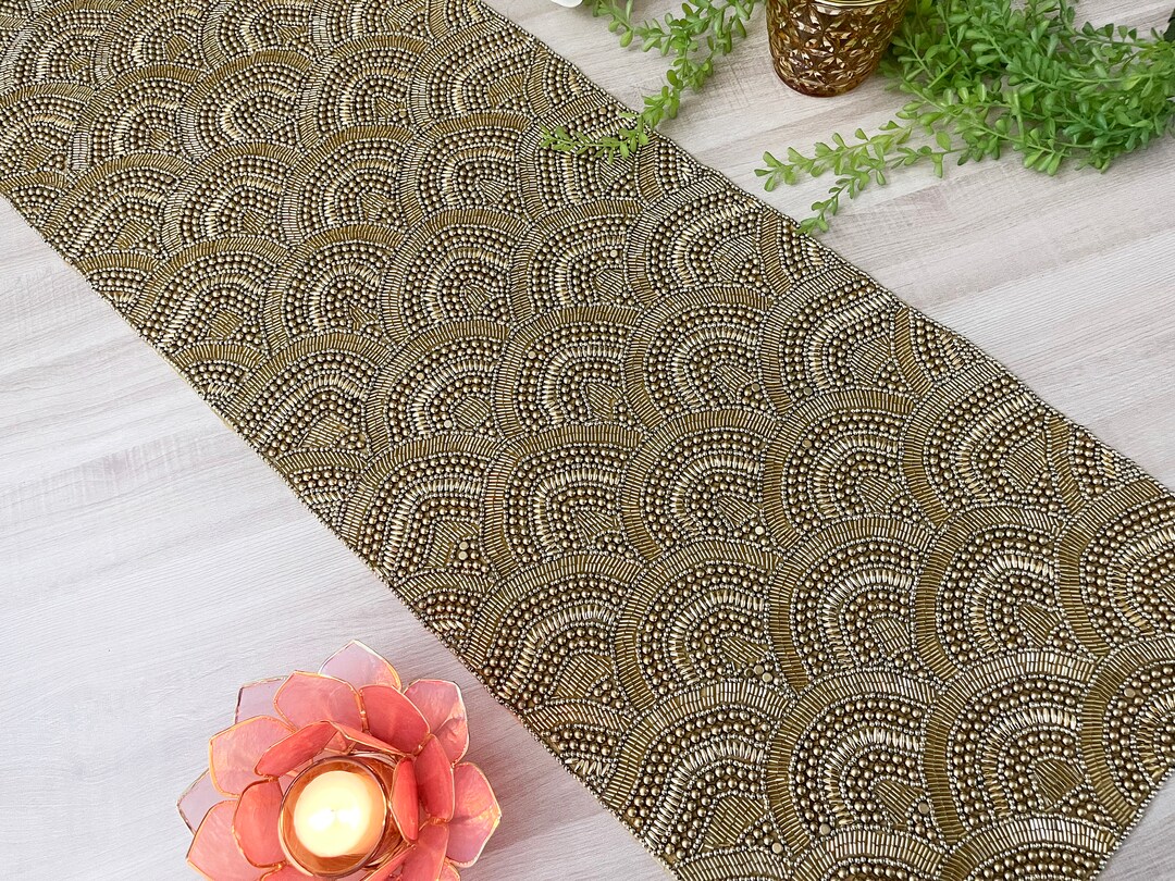 Handmade Table Runner, Shiny Gold Beaded Table Runner, 13x36inch - Etsy