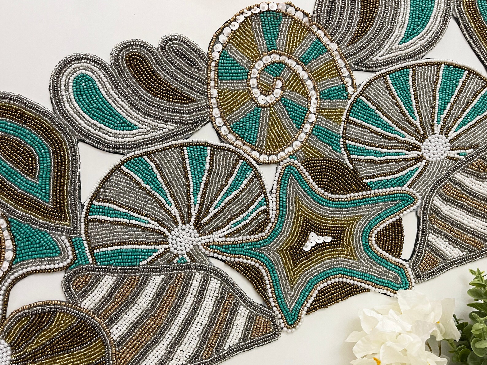 Handmade Table Runner, Teal Gold Seashell Beaded Centerpiece, 13x36inch ...