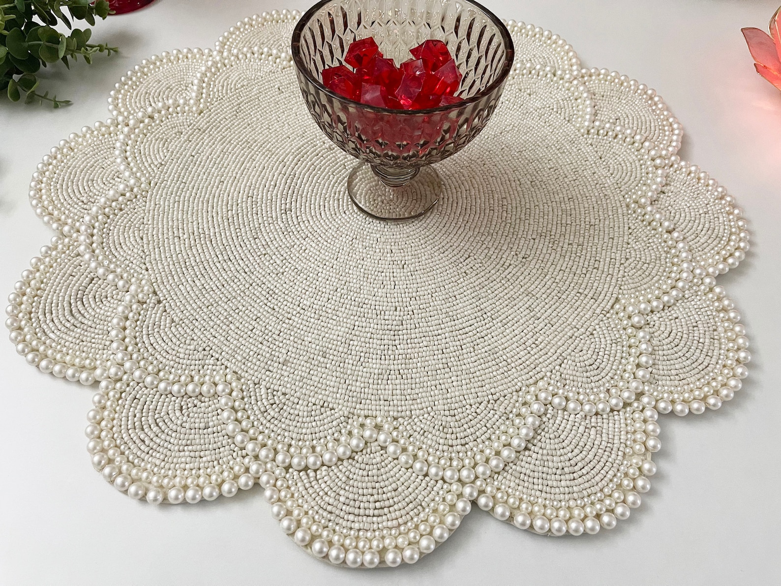 XL Handmade Beaded Placemat, Table Decoration, Beaded Tablemat, White ...