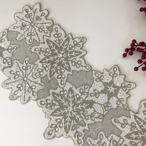 Handmade Bead Table Runner, Christmas Beaded Runner, White Snowflakes ...