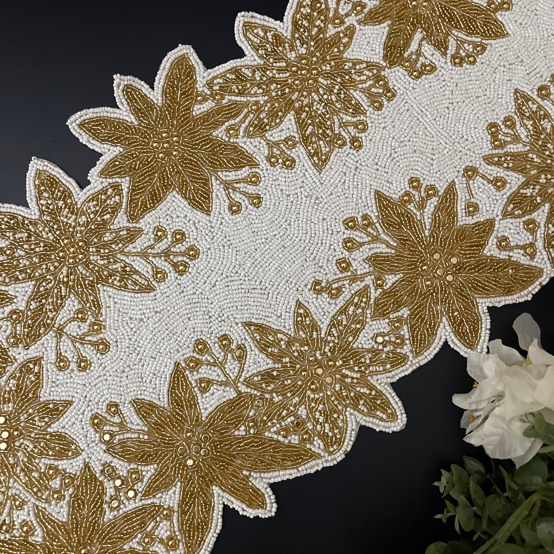 Christmas Handmade Beaded Table Runner, Gold Poinsettia, 13x36 Inch - Etsy