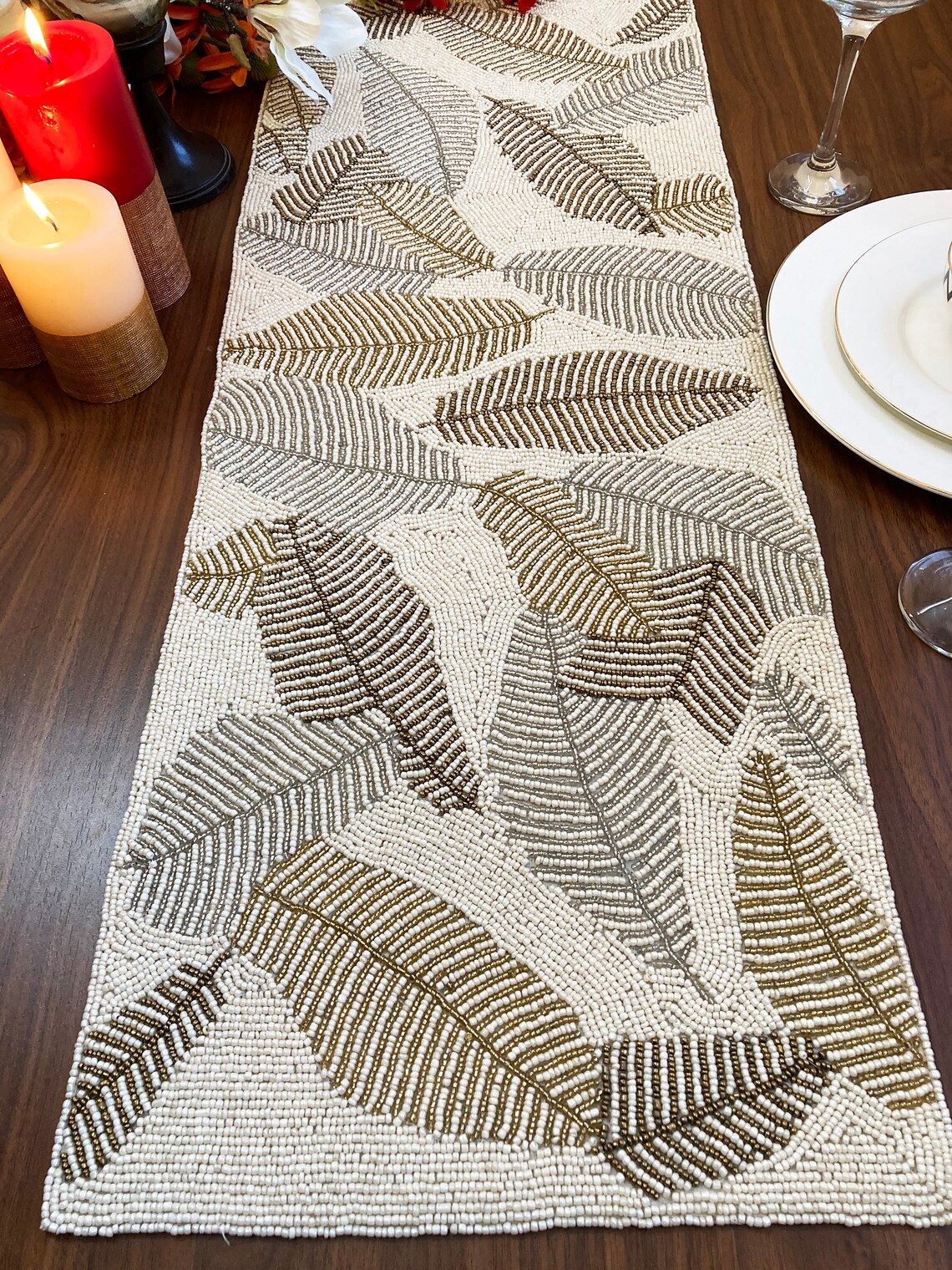 Handmade table runner beaded table runner leaf design bead | Etsy
