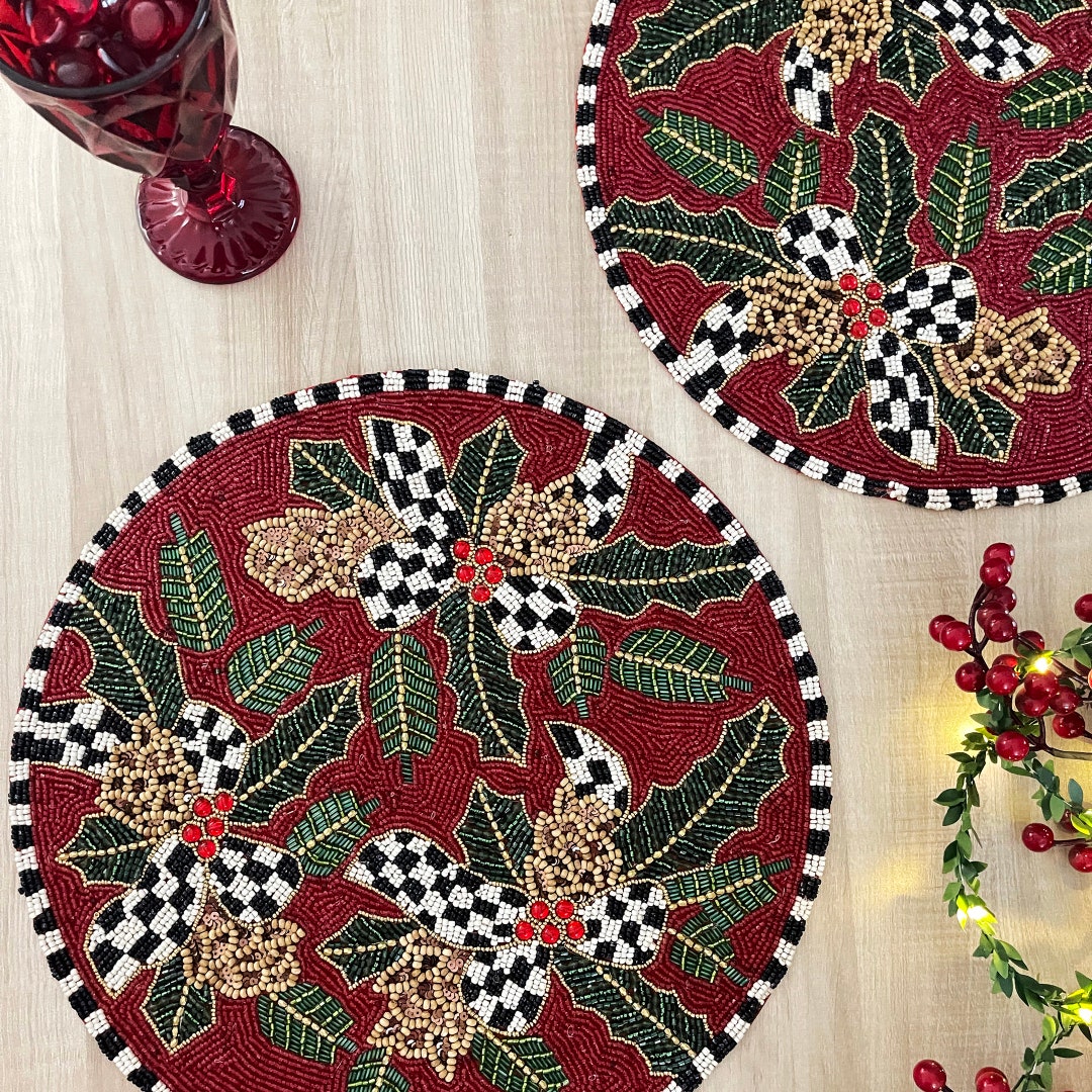 Christmas Handmade Beaded Placemat, Tablemat, 14 Inch, Red, Green and ...