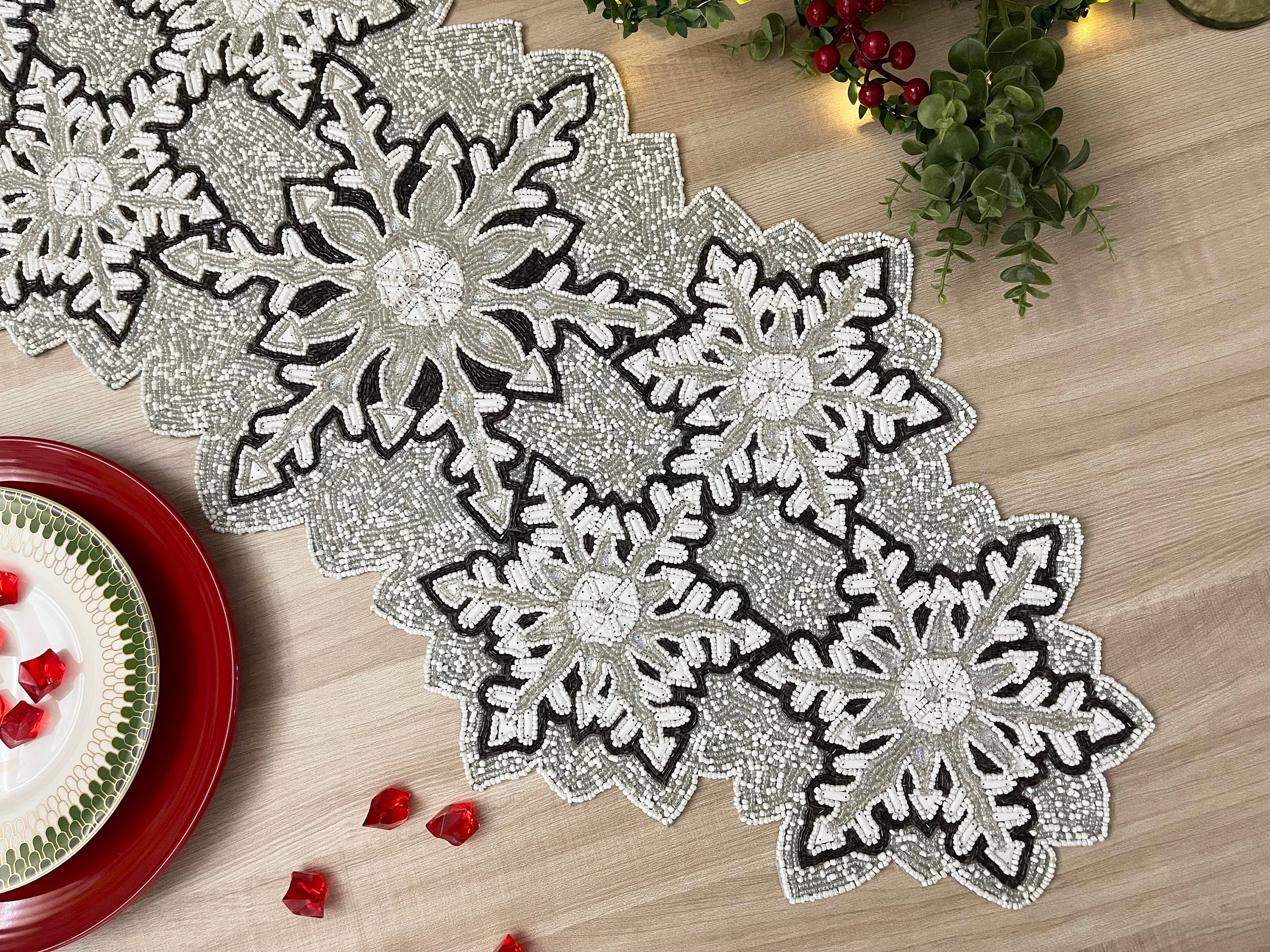 Handmade Bead Table Runner, Christmas Beaded Runner, Snowflakes ...