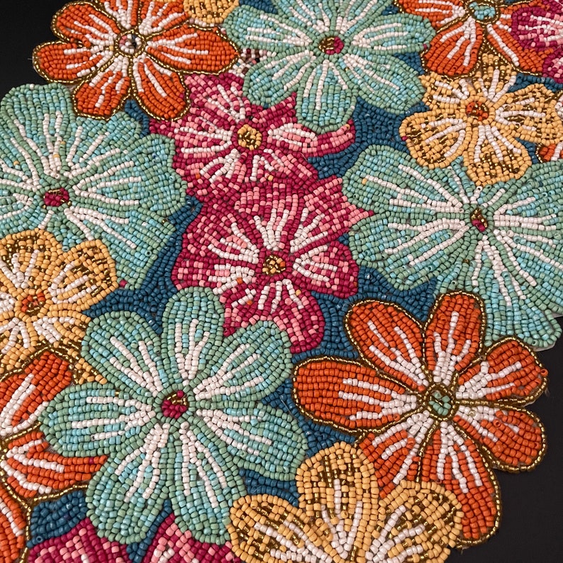 Handmade Bead Table Runner, Multicolour Floral Beaded Runner, 13x36inch ...